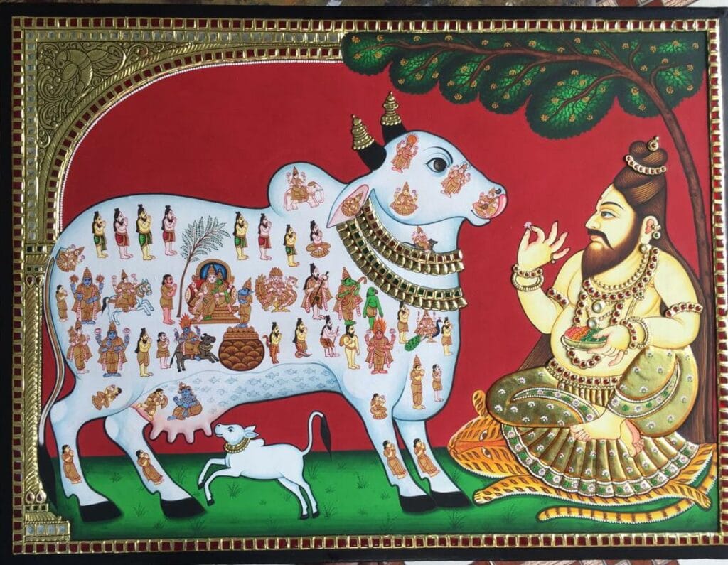Kamadhenu with Saint, Tanjore Painting (24 x 18 inches) - Teak wood ...
