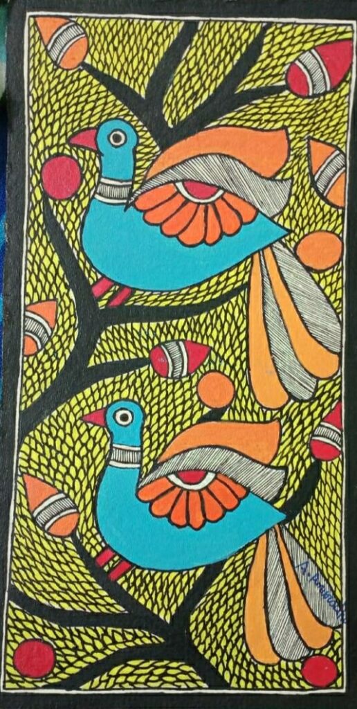 Birds - Madhubani painting (11 x 21 cms) - International Indian Folk ...
