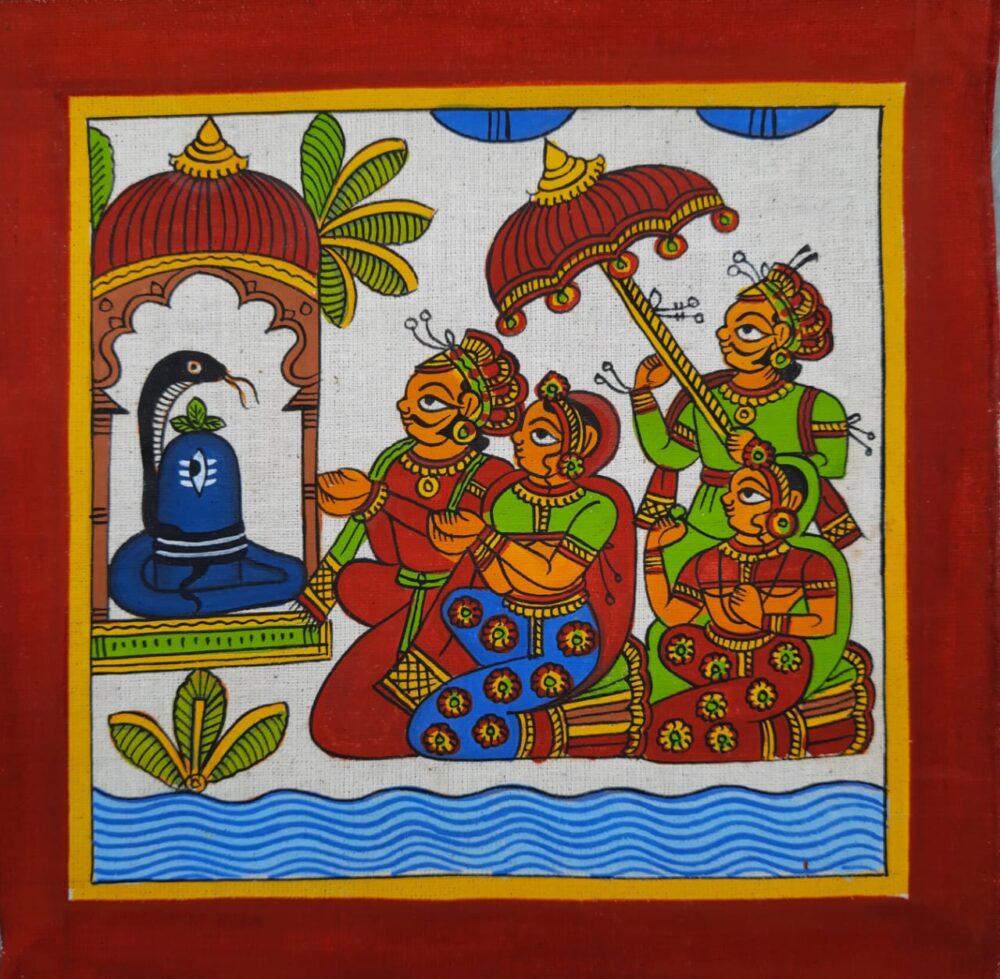 King and Queen in Shiva temple - Phad painting (8" x 8 ...