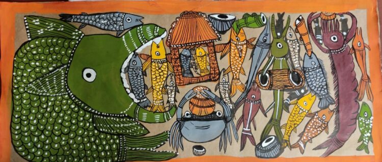 Fish Marriage #1 - Patua/Pattachitra Painting (10" x 22 ...