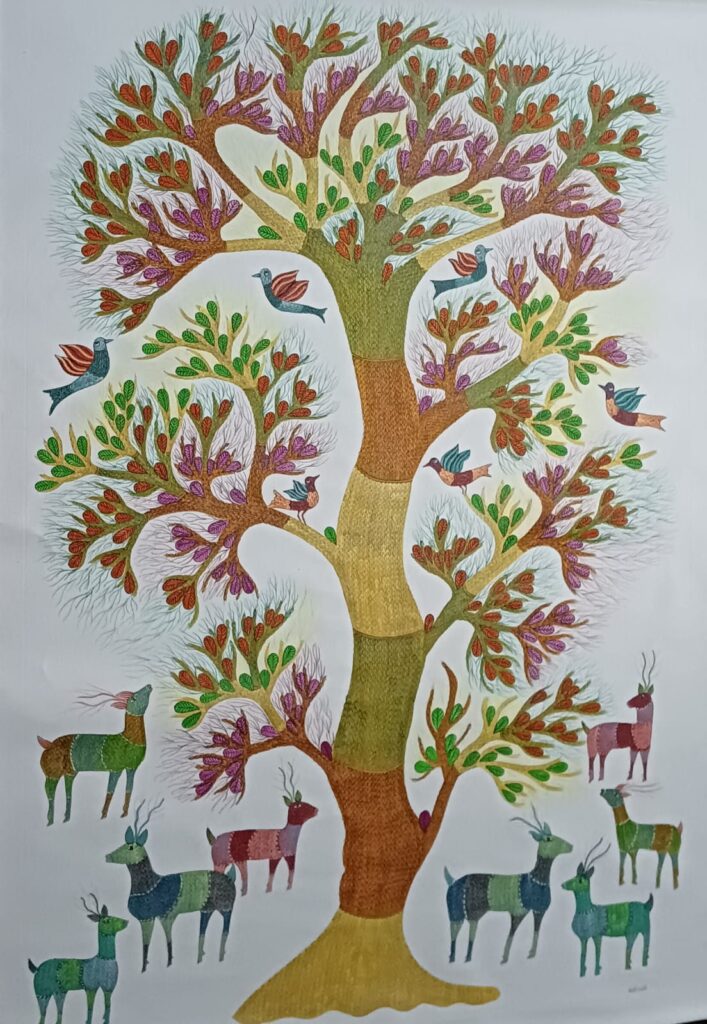 Deer and Birds #1 - Gond Painting (72" x 36") - International Indian ...