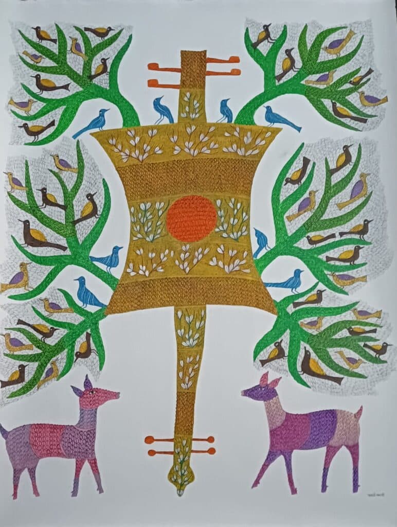 Bana God Tree - Gond Painting (36" x 24") - International Indian Folk ...