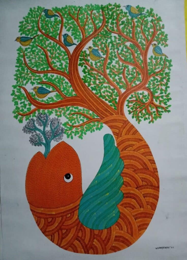 Fish and Tree - Gond Painting (24" x 36") - International Indian Folk ...