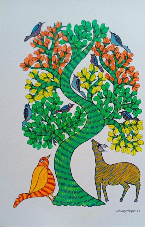 Tree, Bird and Deer - Gond Painting (10" x 14") - International Indian ...